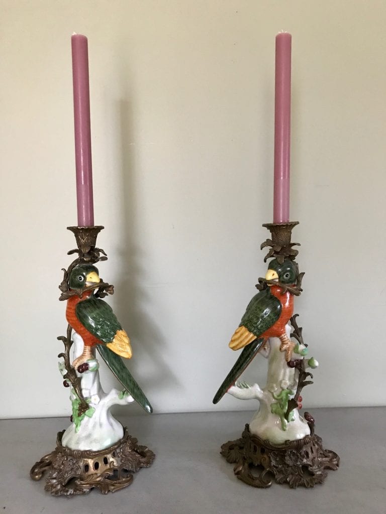 Chinoiserie Porcelain Parrot Candlesticks – SOLD – The Oscar Collective